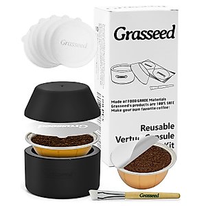 Grasseed Reusable Vertuo Capsule Kit for VertuoLine Capsules with 50Pcs Aluminum Foil Seals Lid, Holder and Brush, Fits for Refill Pods Vertuoline Pod - Black