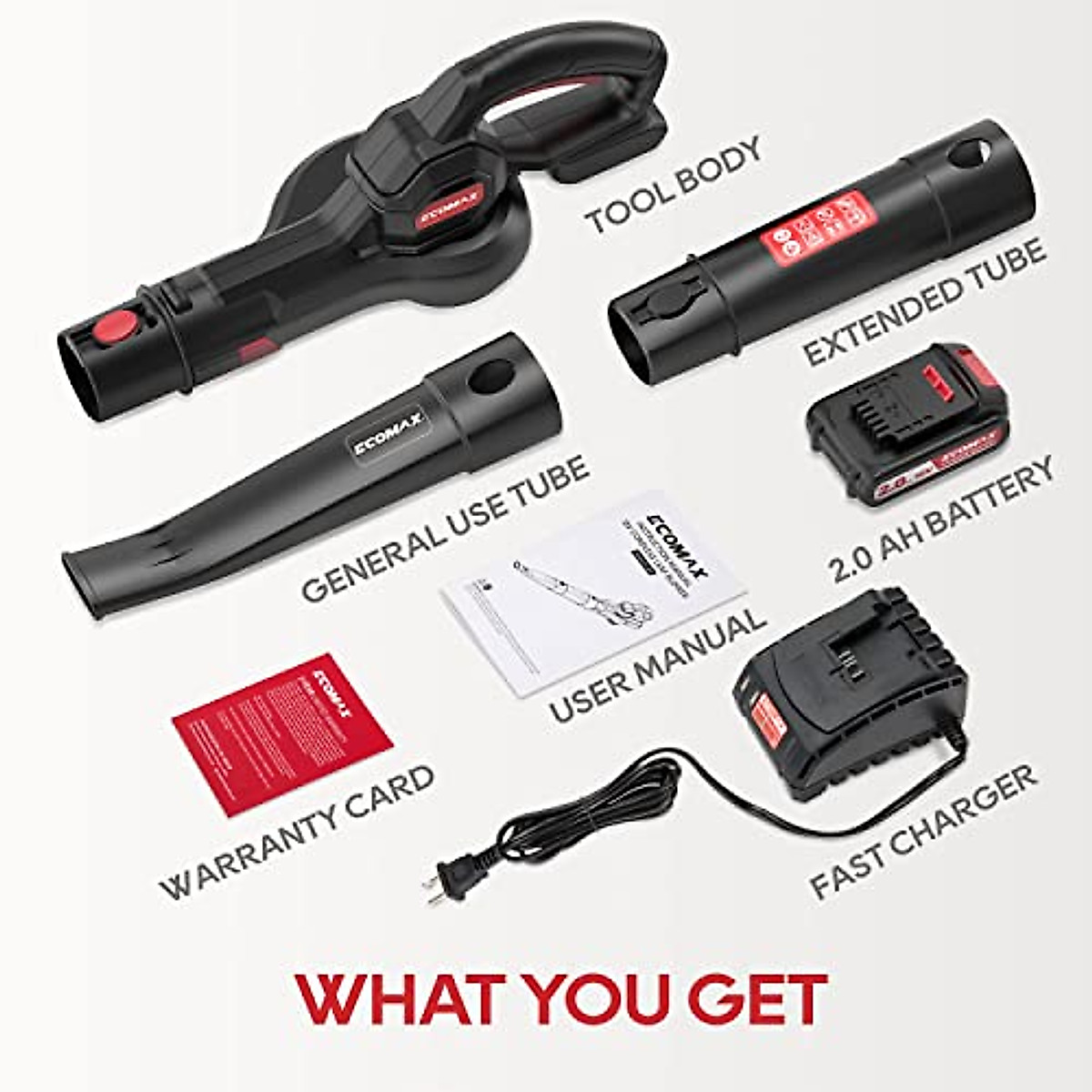 Ecomax 18V Electric Leaf Blower, Leaf Blower Cordless with 2Ah Battery and Charger, Lightweight Blower Battery Powered for Lawn Care & Snow Blowing & Yard Cleaning, ELG04, Black & Red