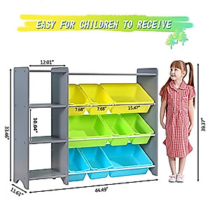MallBest 4-Tier Kids' Toy Storage Organizer Shelf - 100% Solid Wood,Children's Storage Cabinet with 9 Plastic Bins and and 3 Storage Ports (Grey)
