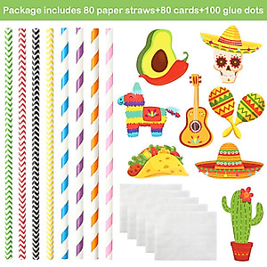 WATINC 80pcs Fiesta Paper Straws, Rainbow Color Striped Drinking Straws for Mexican Theme Party Decoration, Cinco De Mayo Fiesta Party Supplies, Paper Straws Decor for Summer Tropical Birthday Party