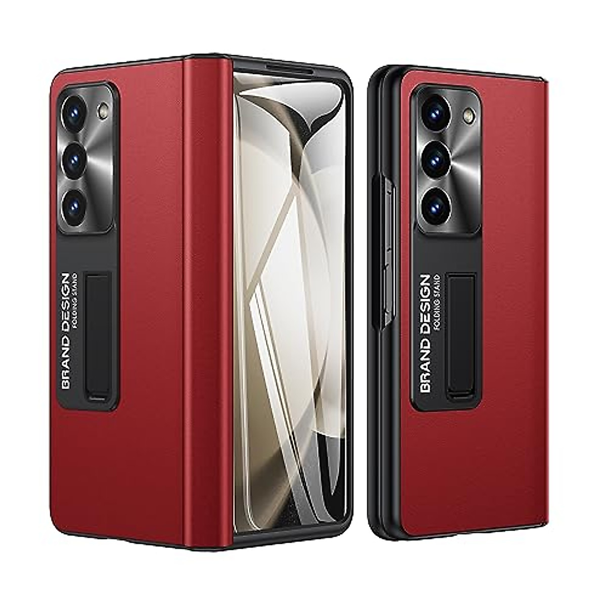 for Samsung Z-Fold-5 Cover: Genuine Leather Galaxy Fold 5 Kickstand Case[Hinge Protection][Screen Protector] Skin Felling - Durable Shockproof Protective Phone Case for Galaxy Fold 5 2023 - Red