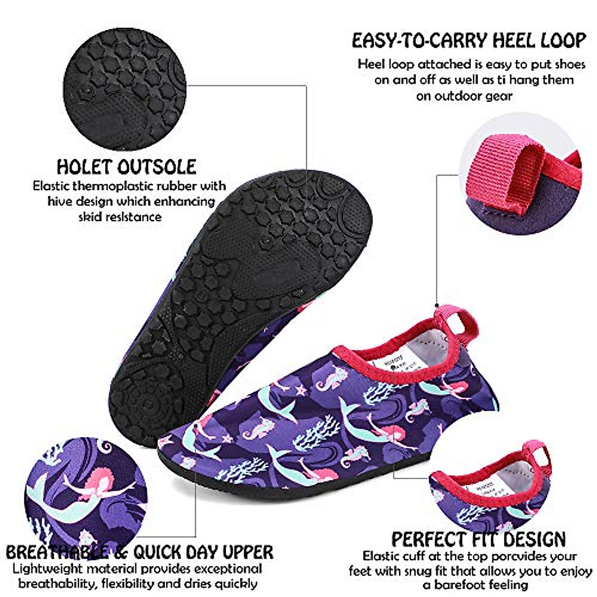 HIITAVE Girls Swim Water Shoes Non-Slip Quick Dry Barefoot Beach Aqua Pool Socks for Boys Kids Toddler Fushia Pupple/Mermaid 3.5-4 M US Big Kid