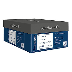 Southworth 24% Cotton #10 Envelopes, 4.125" x 9.5", 24 lb/90 GSM, Linen Finish, White, 250 Count - Packaging May Vary (J554-10)