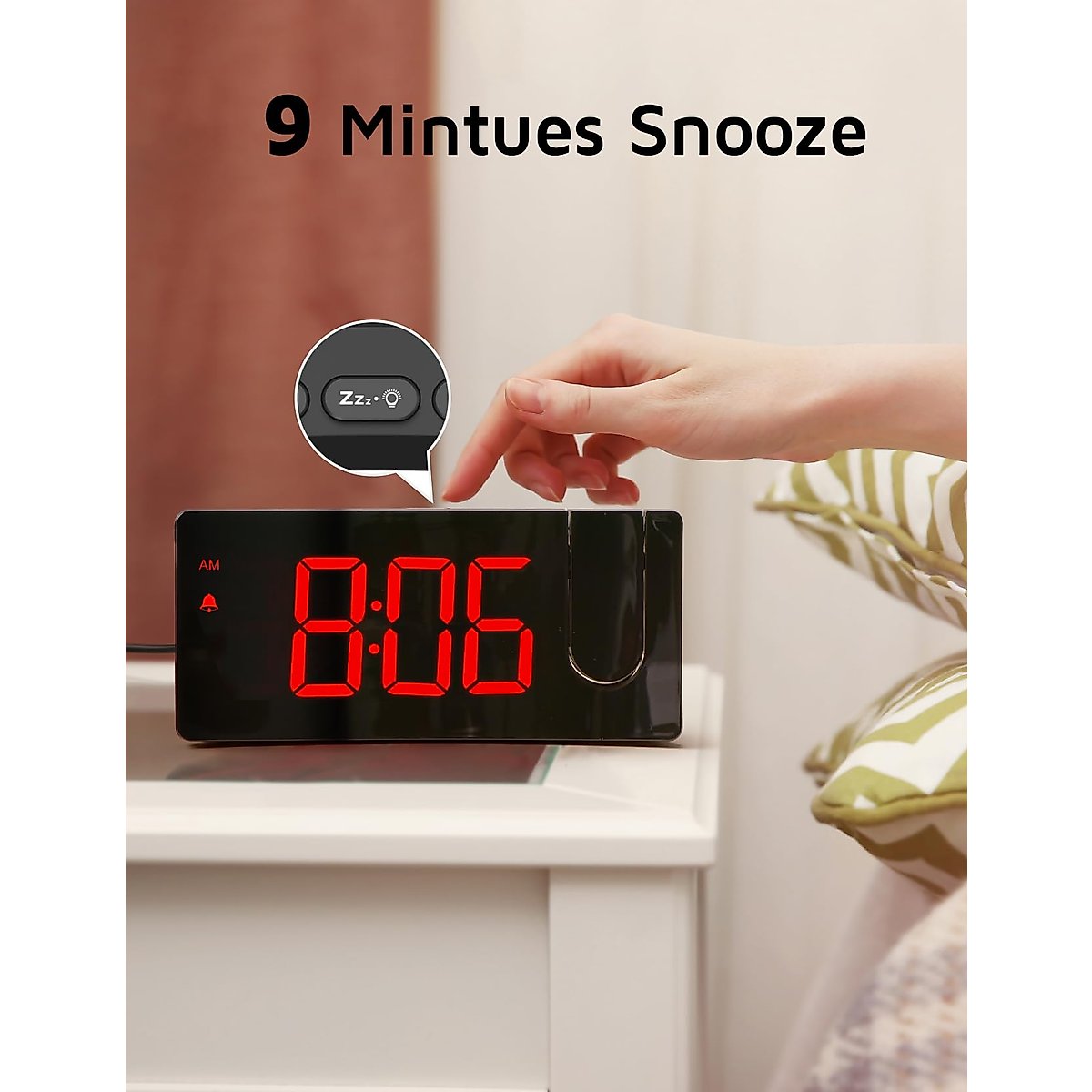 GOLOZA Projection Alarm Clock, Digital Clock with Modern Curved Design 180° Rotatable Projector, 3-Level Brightness Dimmer, Clear Red LED Display, Progressive Volume, 9mins Snooze,12/24H, for Bedroom