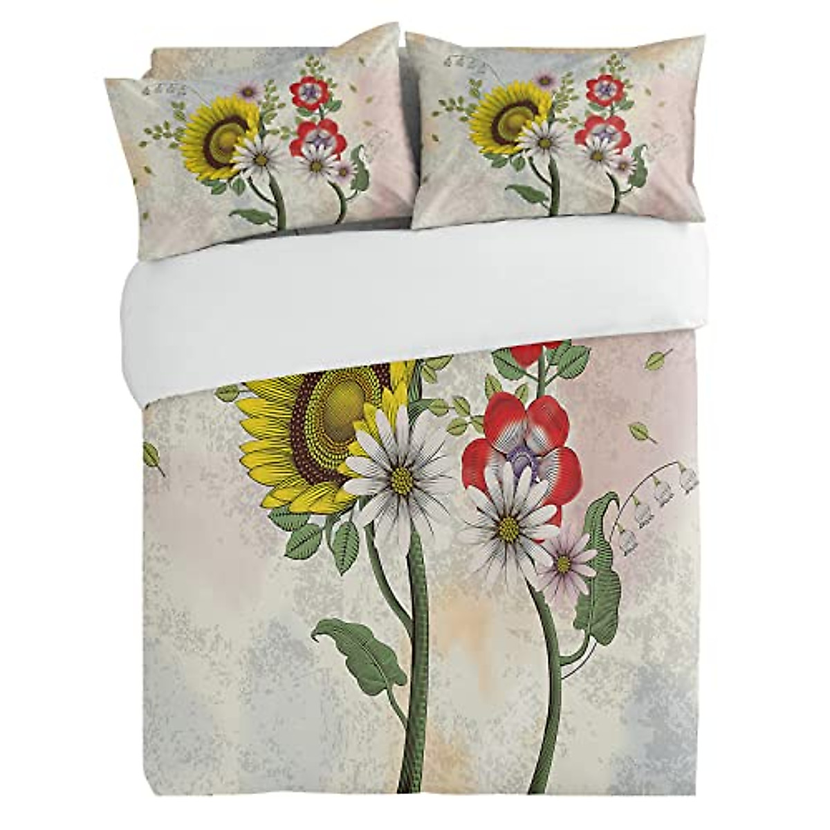 Abstract Blossom Floral Queen Duvet Covers Aesthetic Yellow Red Flowers 3-Piece Bedding Sets Luxury Soft Microfiber Bed Comforter Protector with Pillow Cases for Women Men Girl Boy Aesthetic