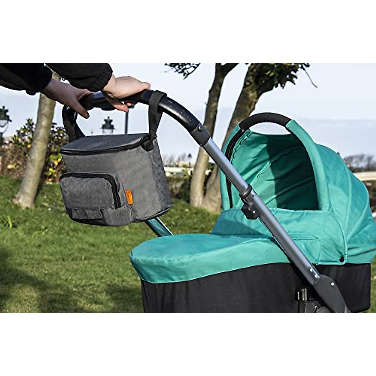 Universal Stroller Organizer; built-in wipe dispenser pocket, large space with bottle holders, detachable shoulder strap, multiple pockets for phone & other uses.