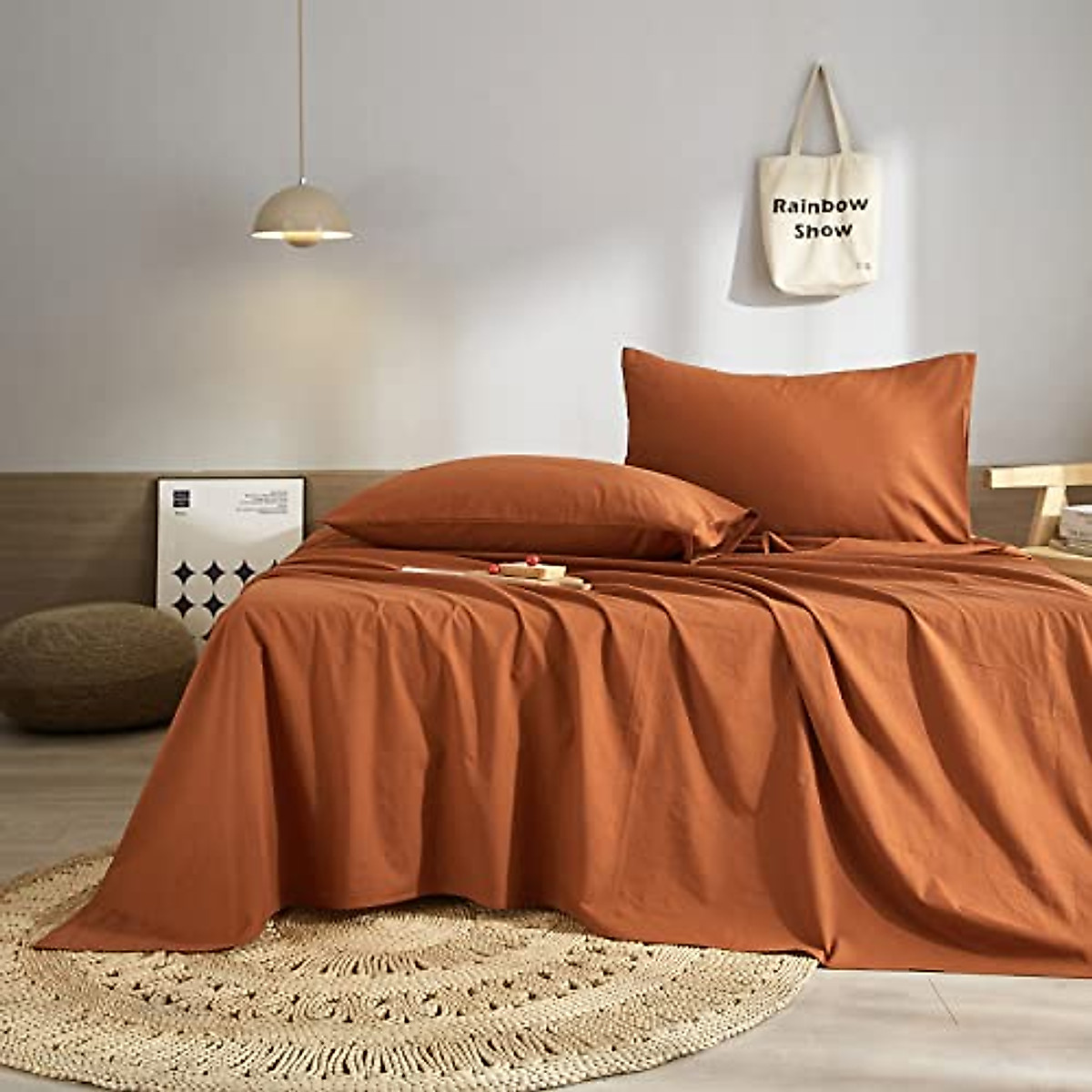 LifeTB Pumpkin Caramel Sheets Set Twin Size Bedding Sheets 100% Washed Microfiber Bed Sheets Deep Pocket 3 Pieces Sheets Breathable Cooling Bed Sheets - Easy Fit Rust Color Bedding Sheets