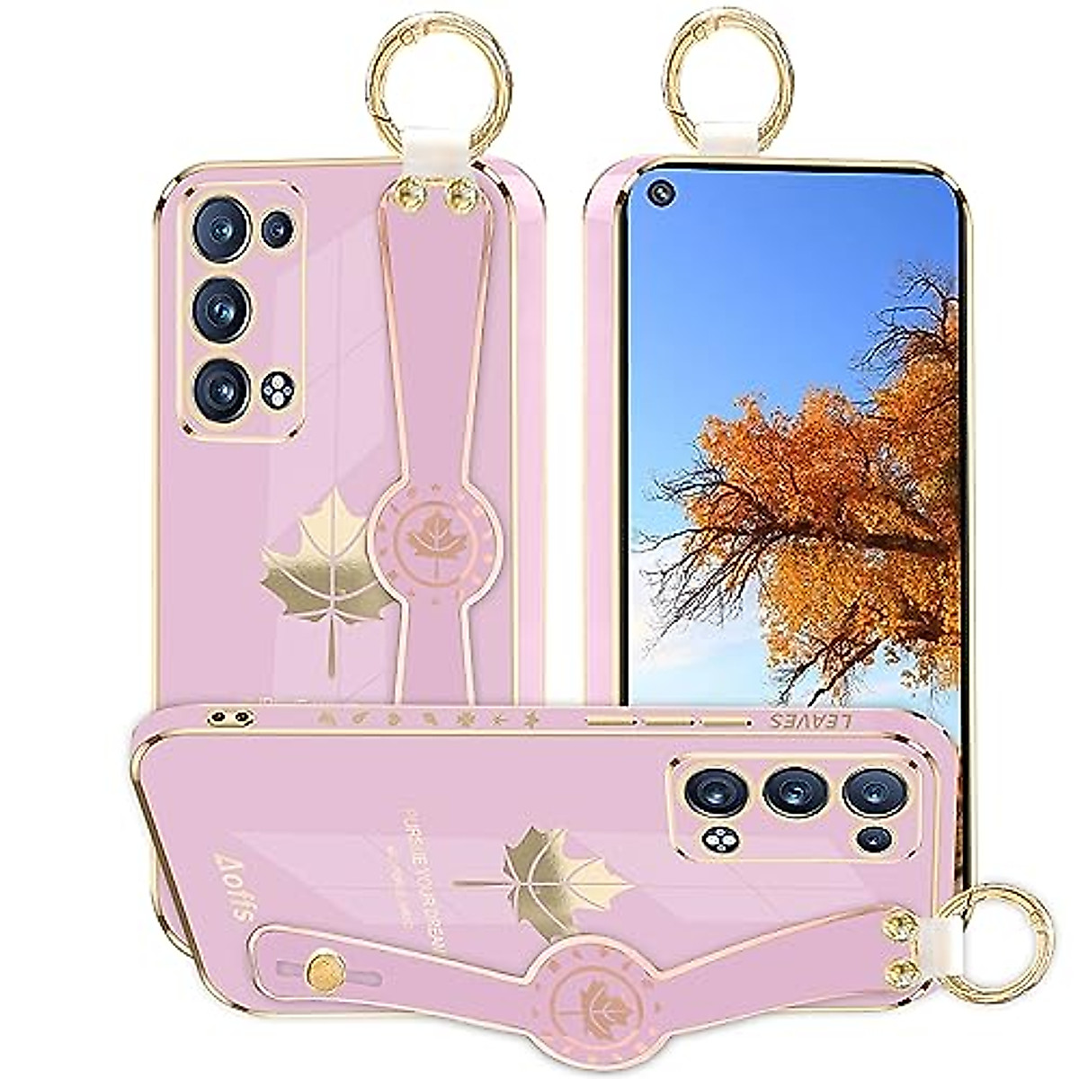 Kainevy Phone Case for Oppo Reno 6 Pro 5G Case Aesthetic Silicone Shockproof for Women Protector Cover Oppo Reno 6 Pro 5G Phone Case Slim with Ring Wrist Starp Maple Leaf Pattern Design (Purple)