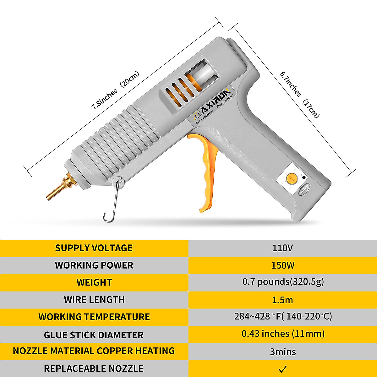 MAXIRON Full Size Hot Glue Gun with 4 Nozzles - 150 Watts Temperature Adjustable Glue Guns with Heating Indicator Light. Heavy Duty Glue Gun Kit for Crafting,Wood,PVC,Glass,Home Repair.