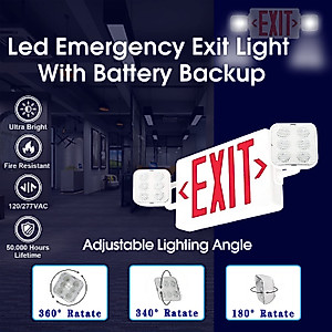 LED Exit Sign with Emergency Light, 90 Minute Battery Backup, 2 Adjustable Head Commercial Lights, Double Sided Red Exit Sign, Fire and Flame Retardant AC 120-277V UL Listed (2-Pack)
