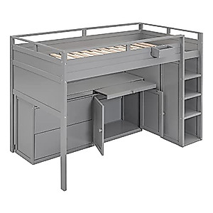 DRELOFT Loft Bed, Twin Size Wooden Loftbed with Rolling Cabinet and Desk for Kids and Teens Boys Girls, Versatility Loft Bed Frame for Home, No Box Spring Needed, Gray