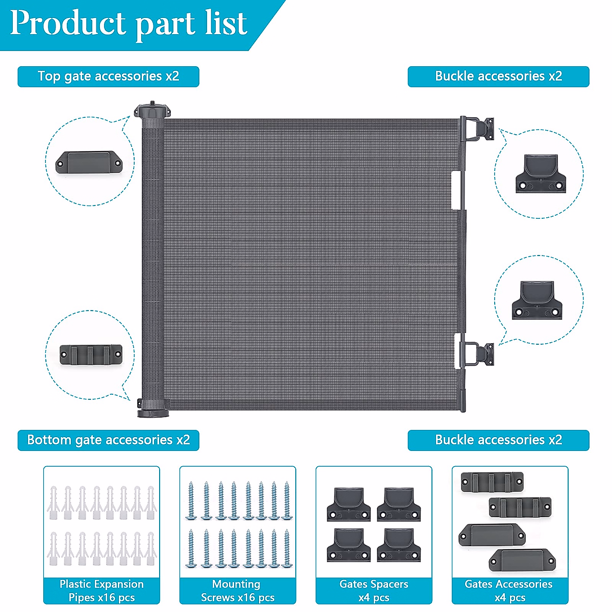 Retractable Baby Gate, Extra Wide Child Mesh Safety Gate with 2 Sets of Mounting Hardware, Pet Dog Gate 34" Tall, Extends to 59" Wide for Stairs, Doorways, Hallways, Deck, Banisters Indoor/Outdoor
