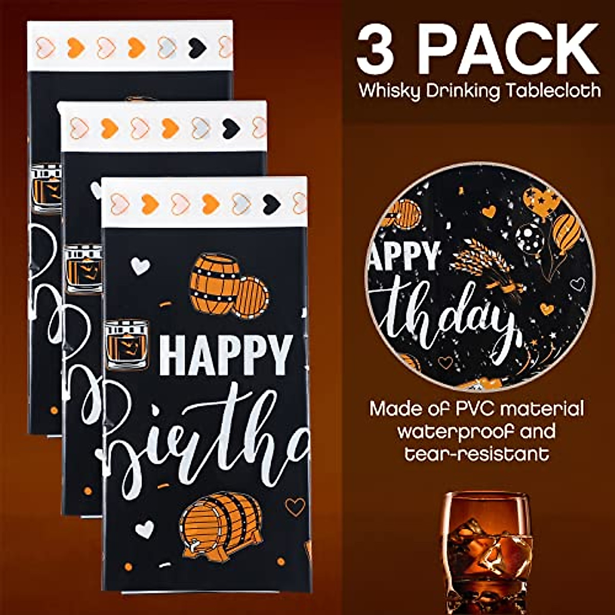 3 Pieces Whiskey Birthday Tablecloth Whiskey Cheer Happy Birthday Table Cover Beer Tablecloth Whiskey Birthday Party Decorations for Men Birthday Beer Theme Parties, 54 x 108 Inches