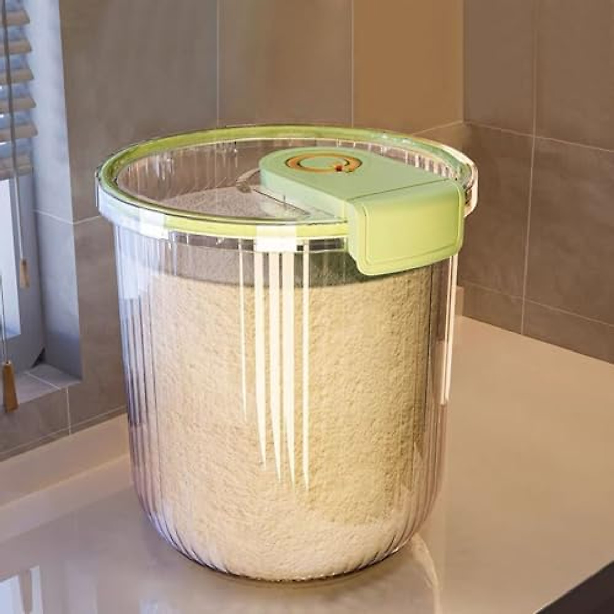 Airtight Rice Storage Container 20 Lbs, Rice Dispenser Crystal-Clear Flour Storage Container, Cereal Holder Bin with Measuring Cup for Kitchen Pantry Organization and Storage (Green)