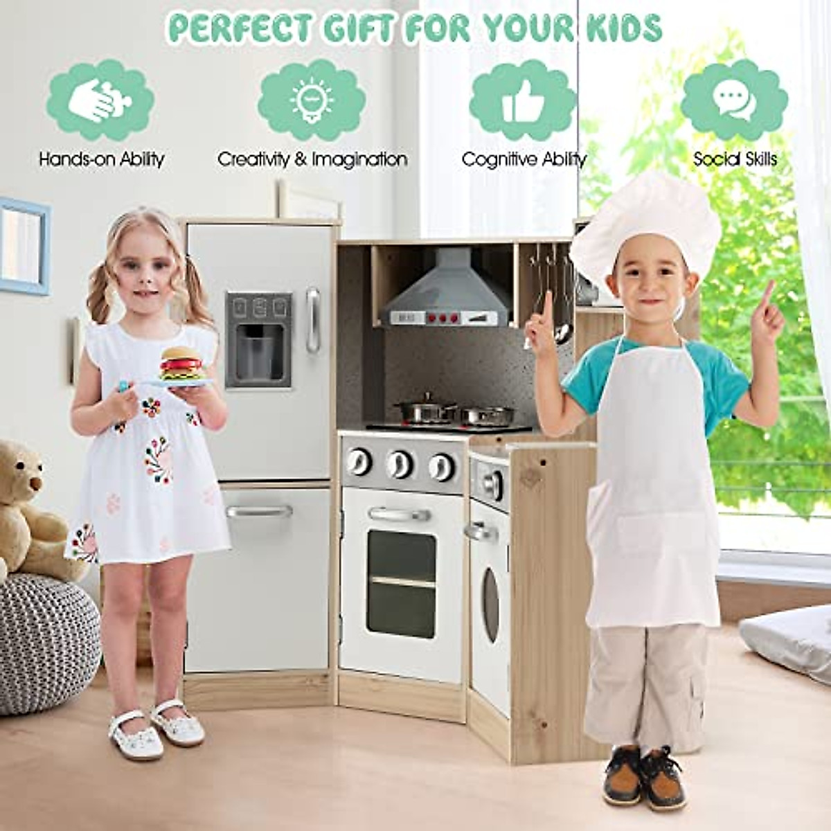 HONEY JOY Kids Wooden Kitchen Playset with Range Hood, Microwave, Sink, Utensils, Phone - With Lights & Sounds