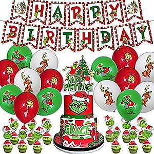 Grinch Christmas Birthday Decorations,Happy Birthday Banner,Holiday Cake Decoration,Grinch Cupcake Toppers,The-Grinch Christmas Balloons for Party,Christmas Theme Party Supplies,Winter Festival Feast Decorations