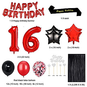 Fancypartyshop 16TH Birthday Party Decorations Supplies Red Black Later Balloons Happy Birthday Cake Topper Sash Foil Black Curtains Foil Star Balloons Number Red 16