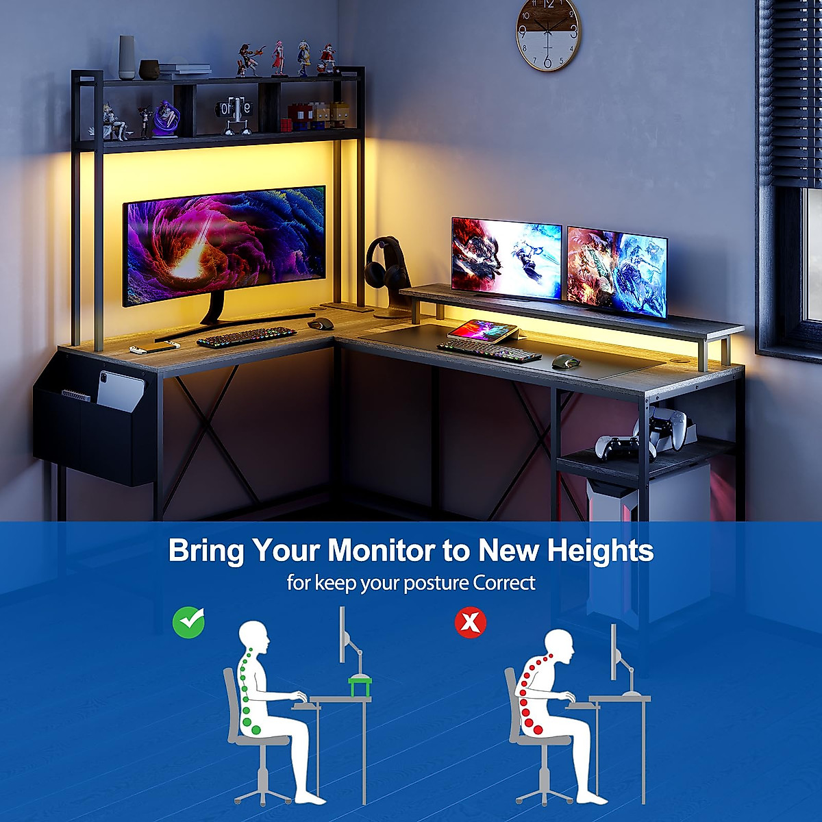 ElectraSpeedy L Shaped Gaming Desk, Reversible Corner Desk with Hutch, Power Outlets, LED Strip, Monitor Stand, Storage Shelves, and Side Storage Bag for Home Office (Grey)