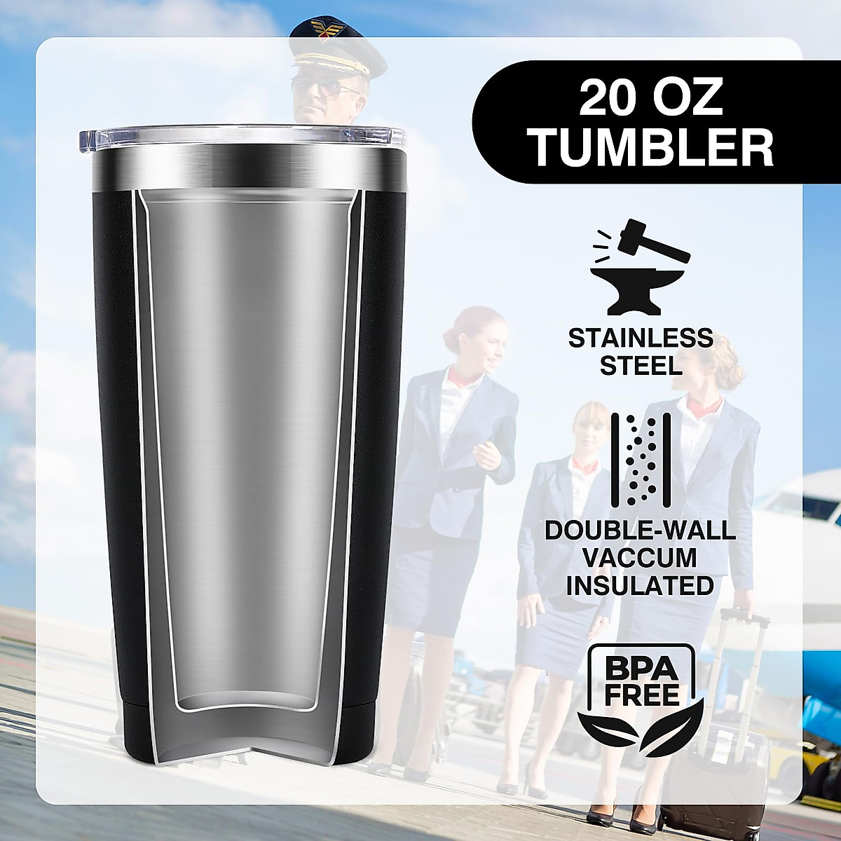 KIKERRO Funny Aviation Gifts - Cool Pilot Gifts for Men Women - I Can Fly - 20oz Stainless Steel Double Wall Vacuum Insulated Tumbler, Black