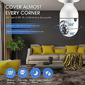 Light Bulb Security Camera, 2.4G 1080P Wireless Light Bulb Camera for Pet Camera, 360 ° PTZ Light Socket Camera with Motion Detection Auto Tracking (1PC ∣ White)
