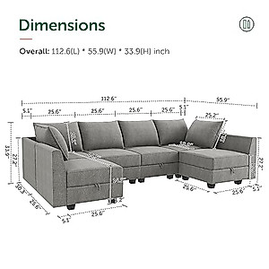 HONBAY Modular Sectional Sofa U Shaped Sectional Modular Sofa with Storage Convertible Modular Sectional Couch for Living Room, Grey