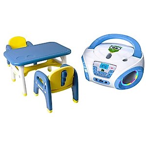 TinyGeeks Kids Table and Chairs Set Safe for Children Activity Table for Kids and Tunes Kids Boombox CD Player for Kids FM Radio - Batteries Included Bundle