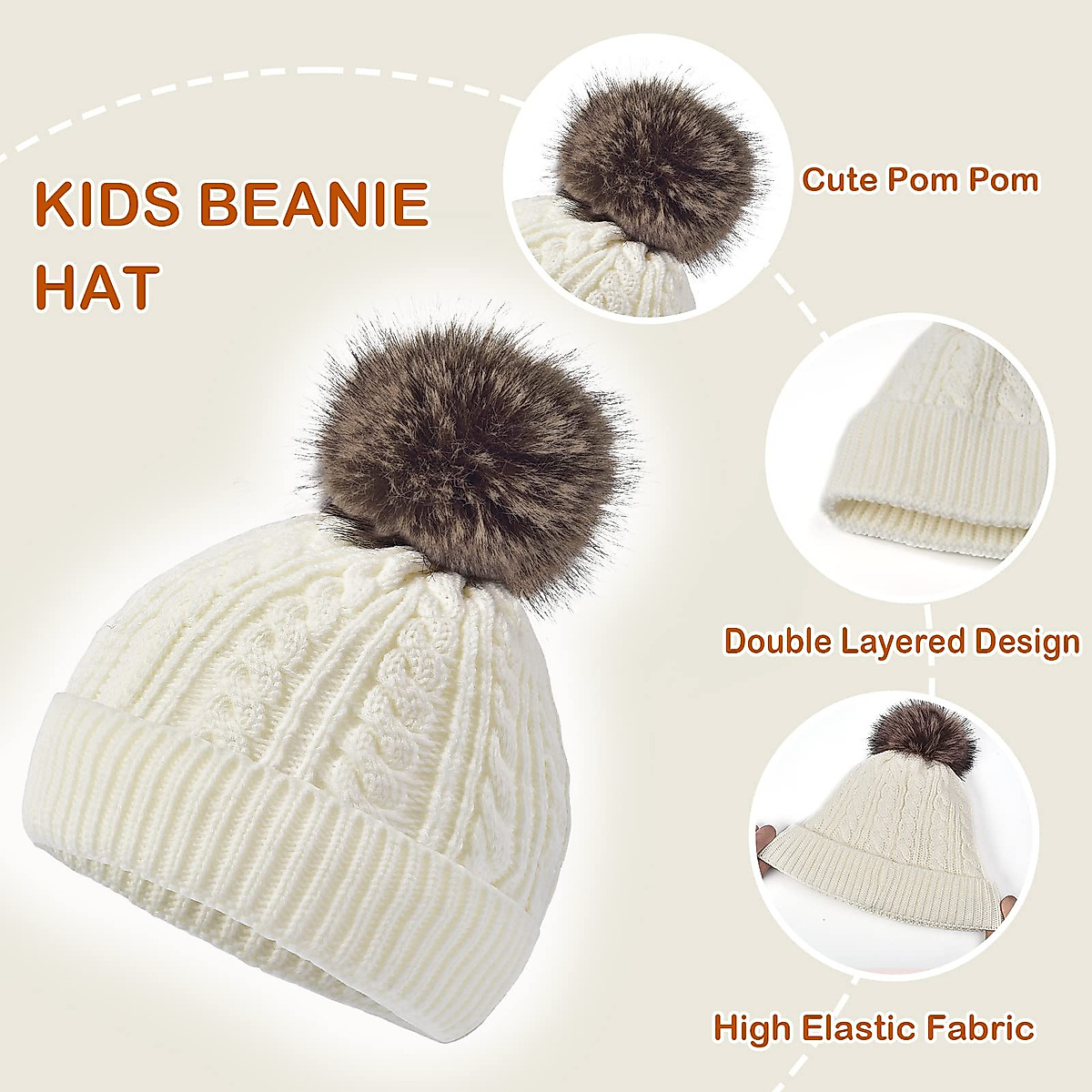 Kids Hat Gloves Scarf Set Girls Boys Winter Warm Knitted Beanie Knit Fleece Lined Neck Warmer Scarves Thick Thermal Cap with Cute Furry Pom White 3Pcs Cold Weather Snow Accessories for Children Child