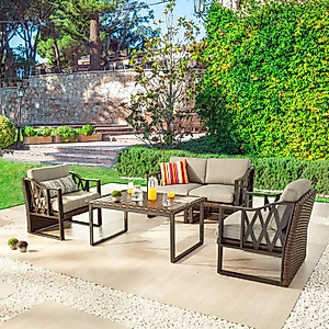 Patio Festival Five-Wicker Outdoor 5-Piece Conversation Set Black Brown Grey Modern Contemporary Transitional Resin Wicker Metal Finish Arm Chairs Coffee Table