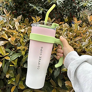 Taumy Large capacitly stainless steel drinking cup with handle and straw, Reusable, Easy to clean, Leak-proof andinsulated travel mug (Pink)