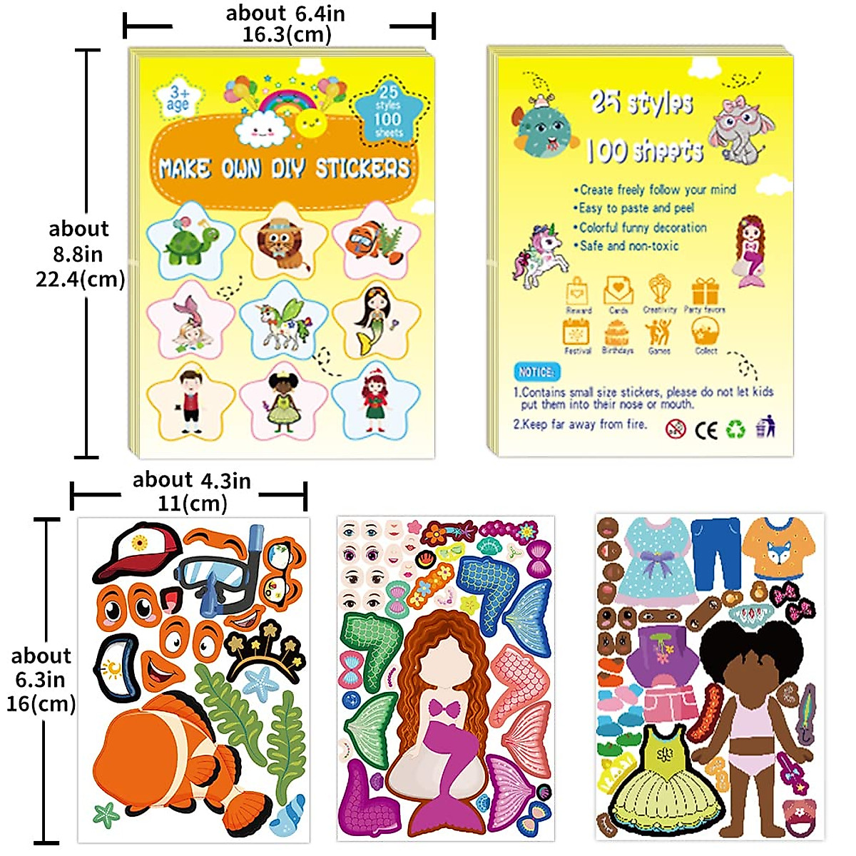 100 Sheets Make Your Own Stickers for Kids with 25 Designs, Animals Mix, Mermaids, Princess, Prince and More, Reward of Festival, Children Art Craft, School, Party Favors