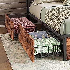 LIKIMIO Queen Bed Frame with Drawers 4 Storage Drawers & Bookcase Headboard & Charging Station, Sturdy and No Noise Platform Bed, No Box Spring Needed, Easy Assembly, Vintage Brown
