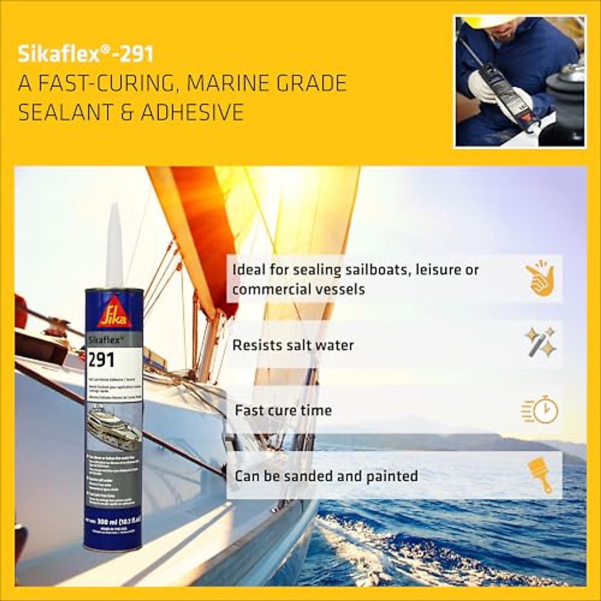Sikaflex-291, Black, General all-purpose fast cure marine adhesive and sealant. Polyurethane sealant for boats, 10.1 fl. oz Cartridge