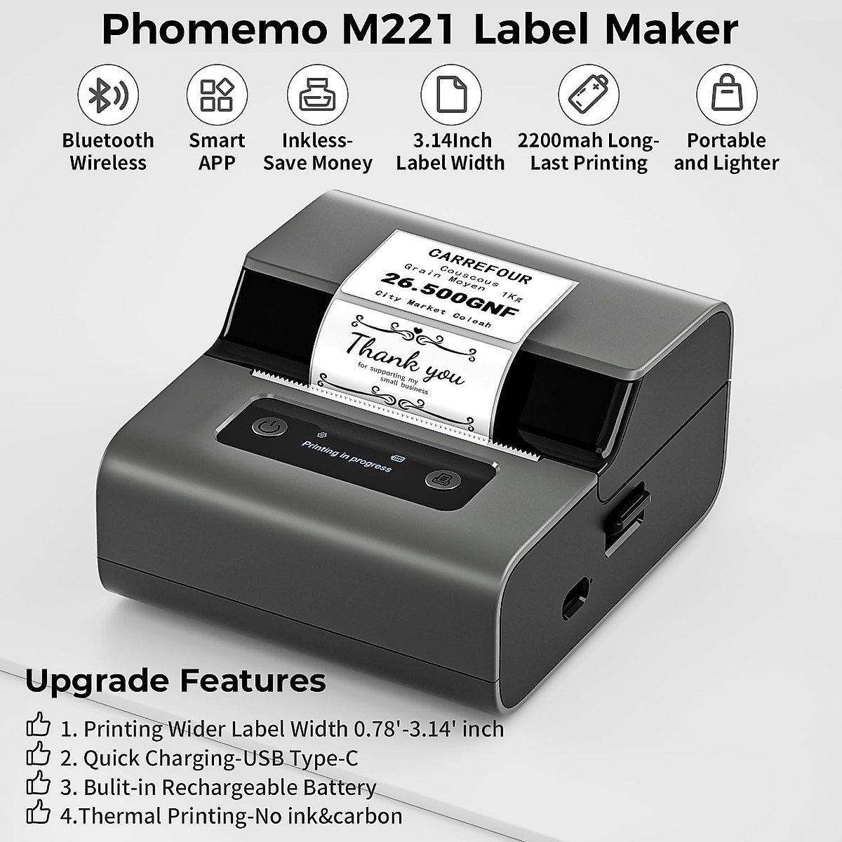 Phomemo M221 Label Maker-Flagship’s Advanced 3Inch Bluetooth Thermal Label Printer, Print Clearer & Sharper, for Address, Barcode, Ingredient,Crafts, Label Printer for Small Business, for Phone & PC