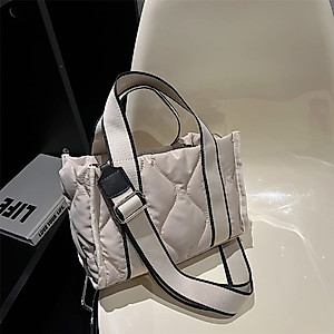 AZURAOKEY Puffer Tote Bag for Women, Fashion Crossbody Bags Cotton Padded Shoulder Crossbody Bag Quilted Hit Color Portable Zipper Autumn Winter Purse for Office Travel-Beige