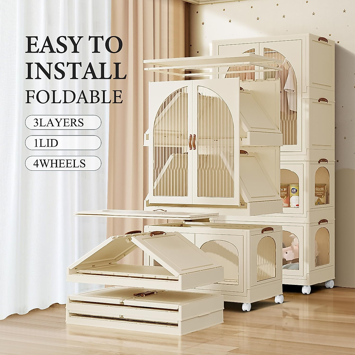 EHAMILY Portable Kids Closet Children's Wardrobe Collapsible Plastic Baby Clothes Large Cabinet Bedroom Nursery Armoire Quick Install Toddler Dresser with Hanging Rod and Door,White