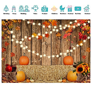 SJOLOON Fall Pumpkin Backdrop Wood Floor with Fall Leaves Background Thanksgiving Day Photo Backdrop for Baby Shower Party Decoration Studio Props 12344(7x5FT)