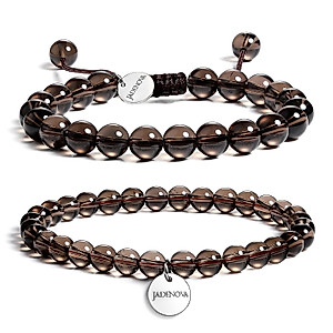 JADENOVA 6/8mm Natural Smoky Quartz Gemstone Bracelets Round Beads Stretch Bracelet Adjustable Beaded Bracelet Couple Distance Bracelets Unisex (2pcs Bracelet Set)