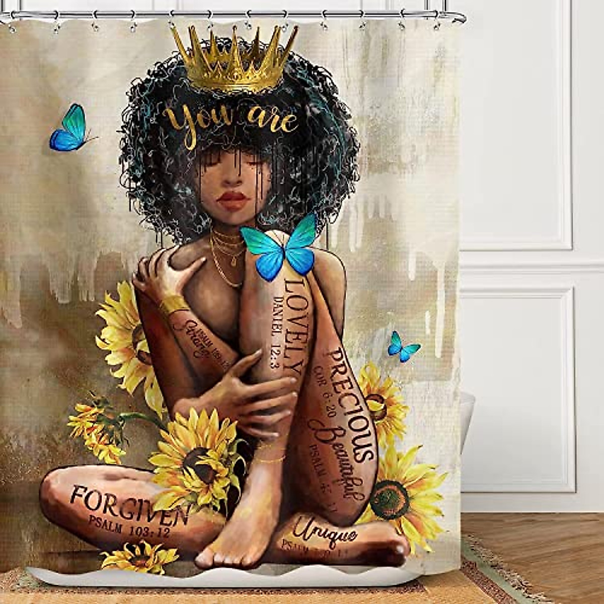 4 Pcs Queen Girl Shower Curtain Sets with 12 Hooks Waterproof Polyester Bathroom Sets with Rugs and Accessories-Bath Mat,Toilet Lid Cover,U-Shaped Mat,Black Girl Shower Curtain for Bathroom