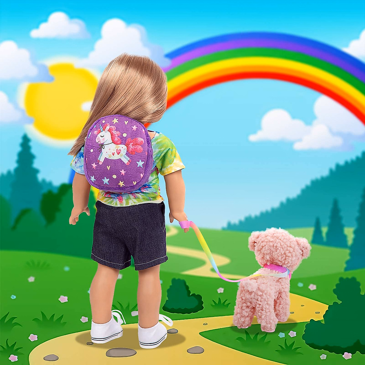 Ecore Fun 5 Items 18 inch Dolls Bag Set and Accessories Including 18 Inch Doll Clothes, Shoes, Sunglasses, Doll Backpack and Toy Dog