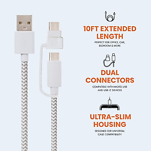ReTrack Helix Braided Nylon USB-A to USB-C Charge & Sync Cable, Micro USB, Black, 5 ft (ETHACM10WT)