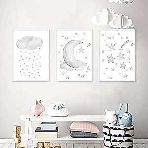 Bfgsrtcbox Grey Moon Wall Decor Nursery Star Print Cloud Art Stars Poster Canvas Printing Painting Pictures Posters Prints for Kids Room Home Girls bedroom 12x16inchx3pcs No Frame