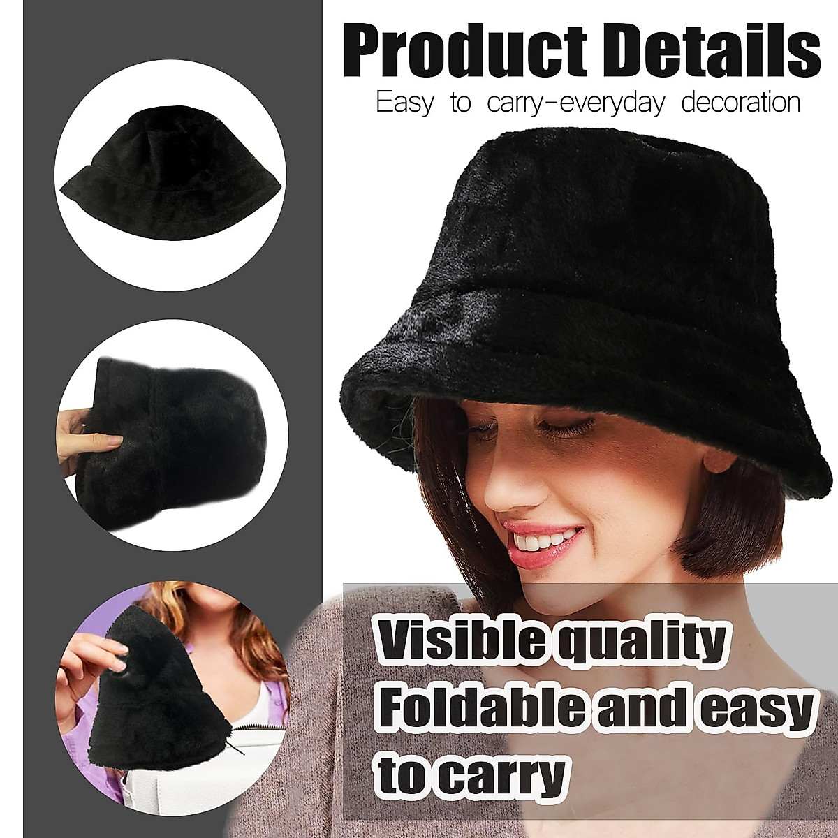 Rurymoe Faux Fur Fuzzy Winter Bucket Hats for Women Men,Fluffy Warm Hat for Daily, Casual,Sports,Skiing Black