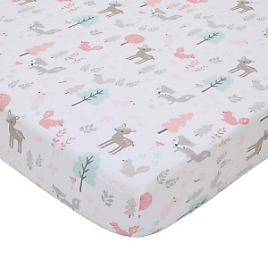 NoJo Sweet Forest Friends - Pink, Aqua, Grey & White 4Piece Nursery Crib Bedding Set - Comforter, Fitted Crib Sheet, Dust Ruffle, Diaper Stacker, Pink, Aqua, Grey, White