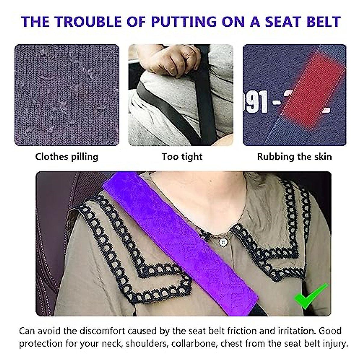 Kewucn 2 PCS Car Seat Belt Pads, Soft Comfort Seat Belt Shoulder Strap Covers Harness Pad to Protect Your Neck and Shoulder, Universal Vehicle Interior Accessories for Most Cars (Purple)