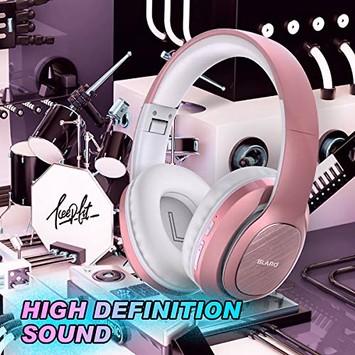 BLARO Bluetooth Headphones Over Ear, Hi-Fi Deep Bass Wireless and Wired Headsets, 72 Hours Playtime, Soft Memory Protein Earmuffs, Foldable Headphones with CVC6.0 Mic-Rose Gold