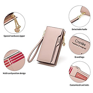 Cnoles Genuine Leather Wallet for Women Large Capacity Wristlet Bifold Ladies Purse Multi Card Organizer Pink