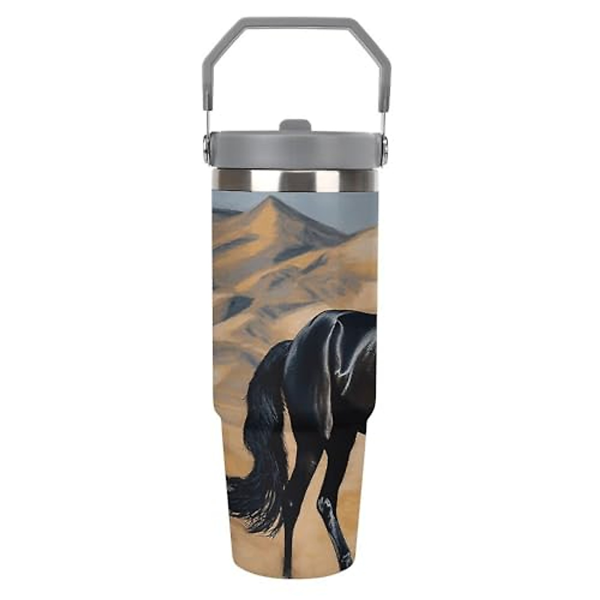 WITHSBKK 30oz Car Cup Black Arabian Horse Printed with Portable, Stainless Steel Travel Mug, Vacuum Insulated Tumbler And Straw, Leakproof for Car & Outdoor, UV Printed Design