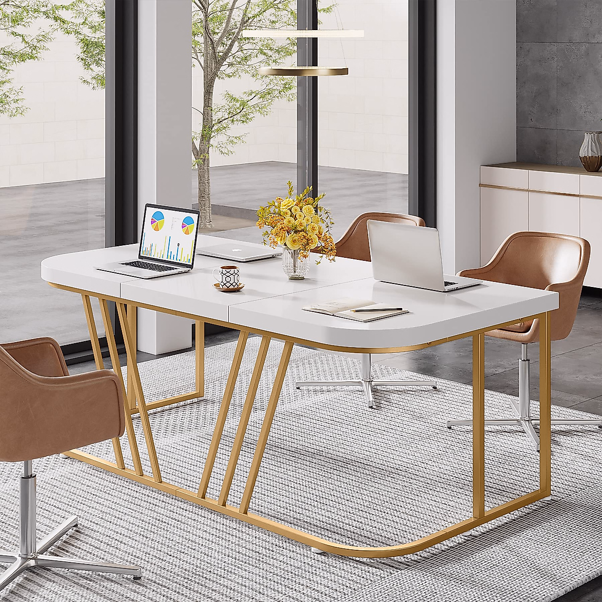 Tribesigns 63" Executive Desk, Large Home Office Desk with Metal Frame, Modern Wood Study Writing Computer Desk Conference Table for Home Office, White & Gold