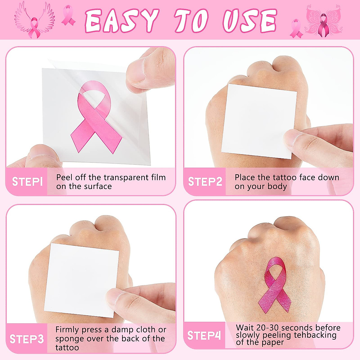 288 Pieces Pink Ribbon Temporary Tattoos Breast Cancer Awareness Tattoo Breast Cancer Stickers Breast Cancer Temporary Tattoos Pink out Tattoos Pink Ribbon Face Decorations for Party