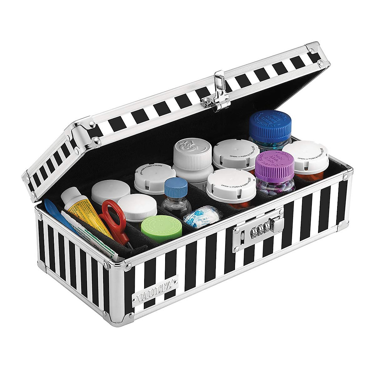 Vaultz Locking Medicine Storage Box with Combination Lock, 3.75" x 11.88" x 5.25", Black & White Stripe (VZ00345)